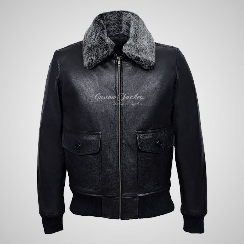 TOP GUN Men's Fur Collared Leather Bomber Jacket Black – Custom Jackets