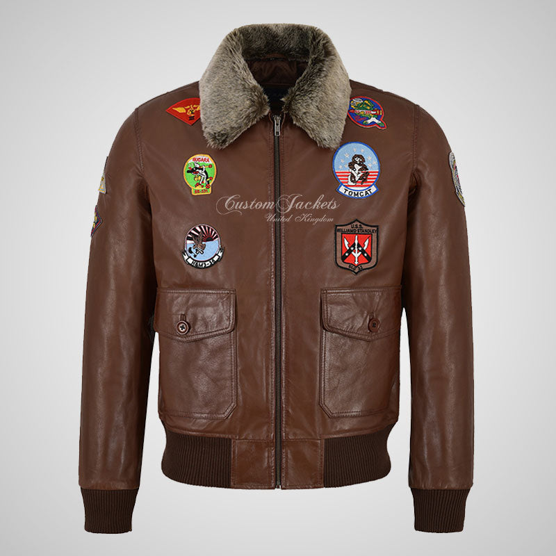 TOP GUN Men's Fur Collared Buffalo Leather Bomber Jacket with Badges ...