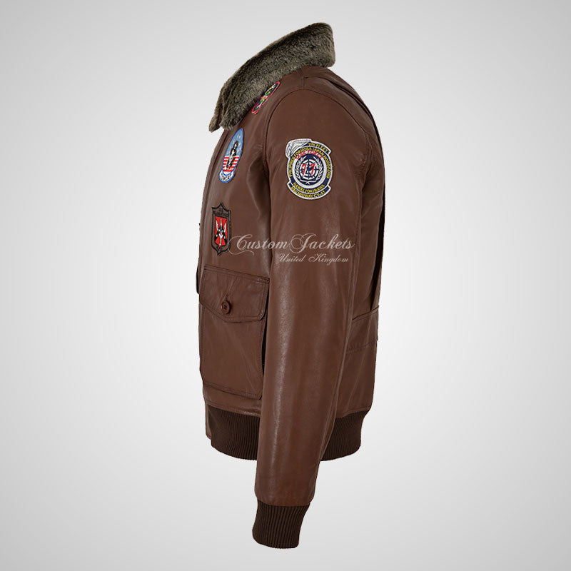 TOP GUN Men's Fur Collared Buffalo Leather Bomber Jacket with Badges ...